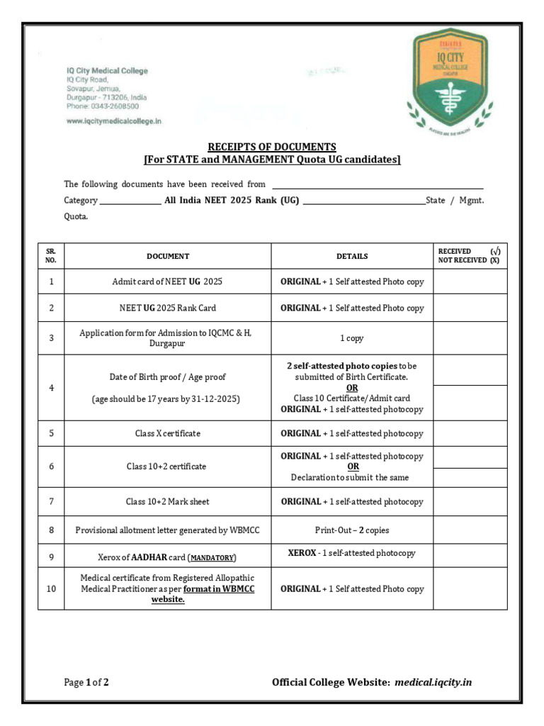 Receipt of Documents UG 2025 2026 | PDF | Photocopier