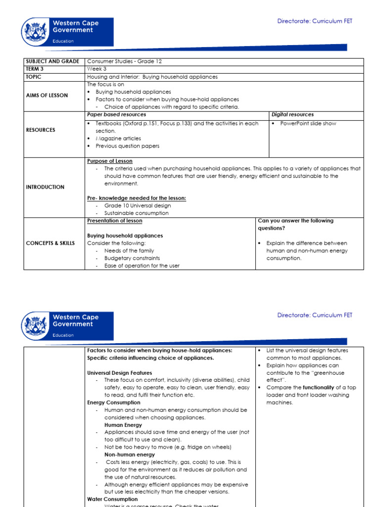 Consumer Studies Grade 12 Term 3 Week 3 2020 | PDF | Home Appliance ...