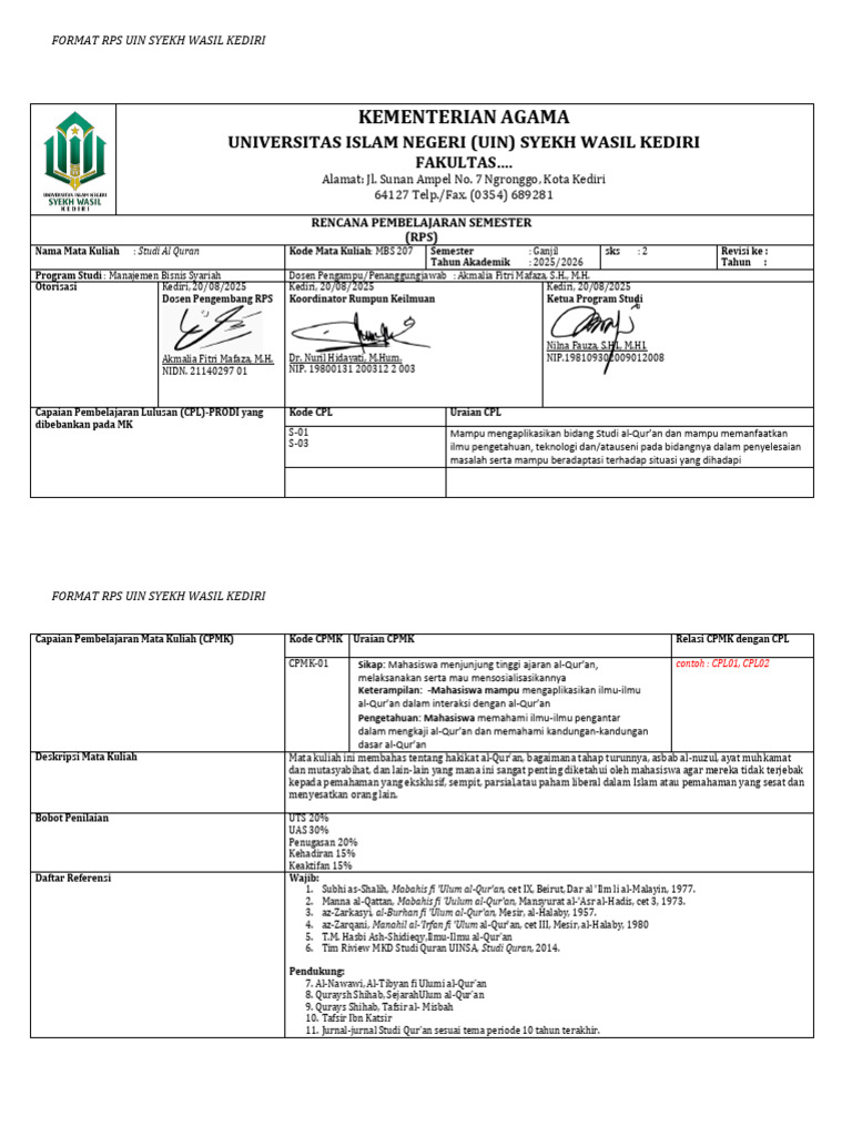 RPS Studi Al Quran UIN Kediri 2025 | PDF