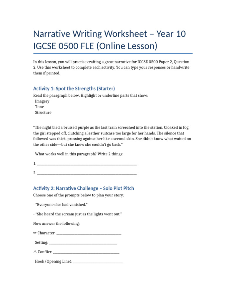 Year 10 Narrative Writing Worksheet | PDF