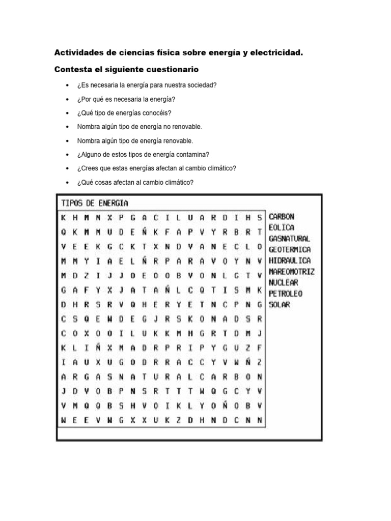 Actividades de Ciencias Física Sobre Energía y Electricidad2 | PDF