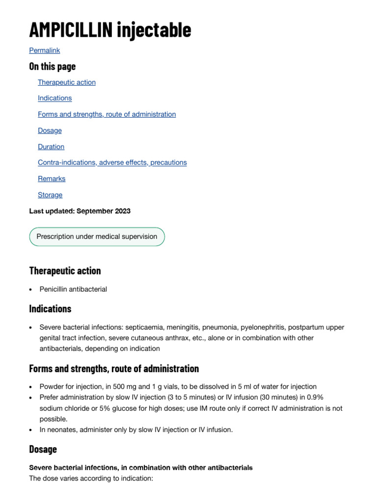AMPICILLIN Injectable - MSF Medical Guidelines Document | PDF | Dose ...