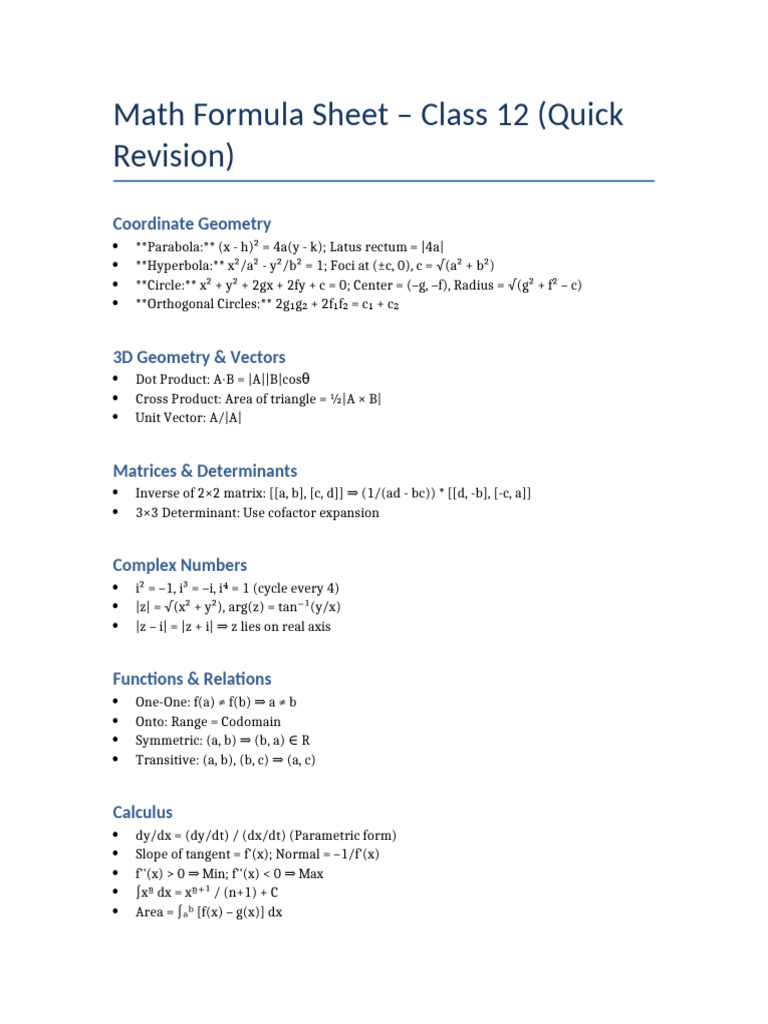 Class 12 Math Formula Sheet | PDF