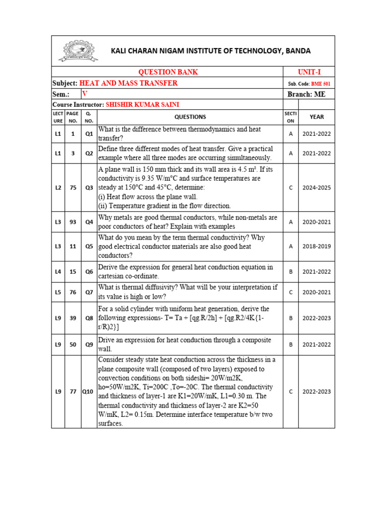 Heat and Mass Transfer Question Bank | PDF | Heat Transfer | Thermal ...