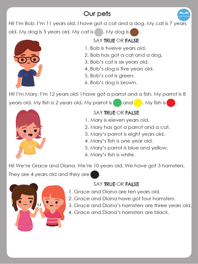 Kids' Pet Ages: True or False Quiz | PDF