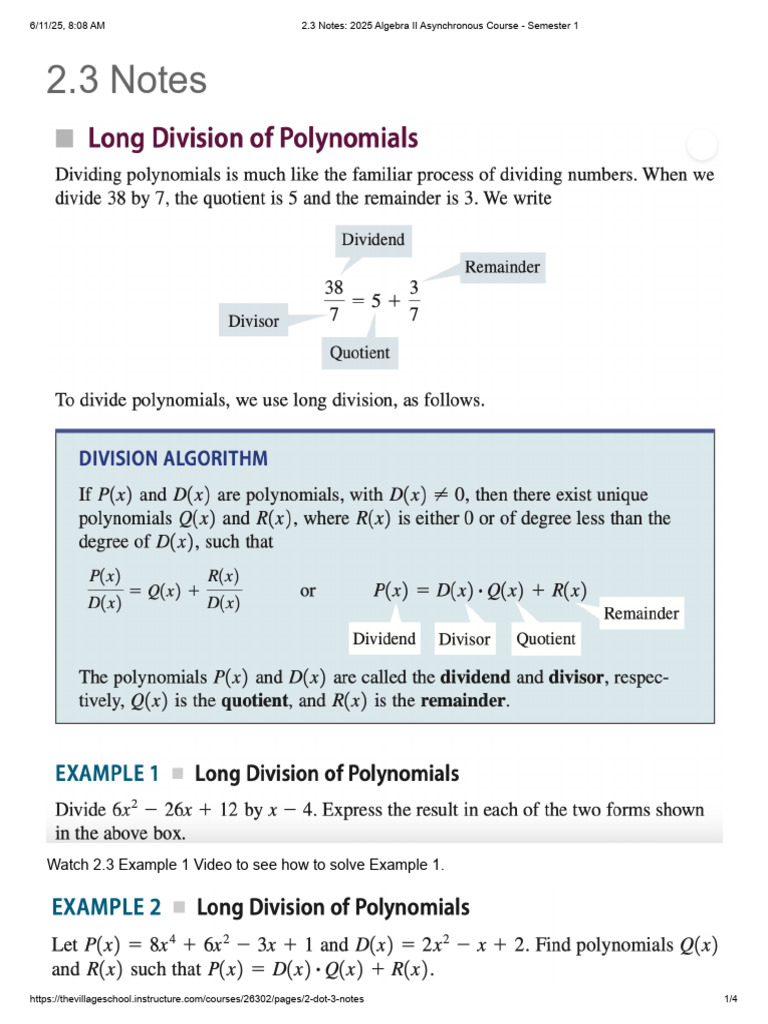 2.3 Notes 2025 Algebra II Asynchronous Course - Semester 1 | PDF