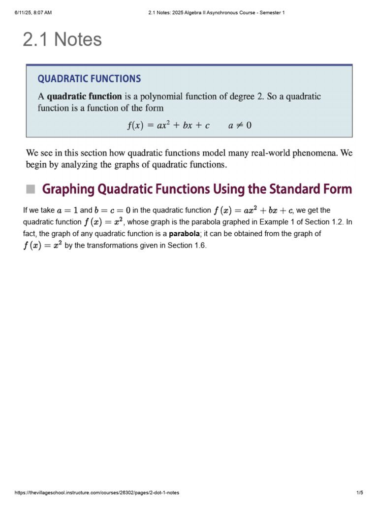 2.1 Notes 2025 Algebra II Asynchronous Course - Semester 1 | PDF