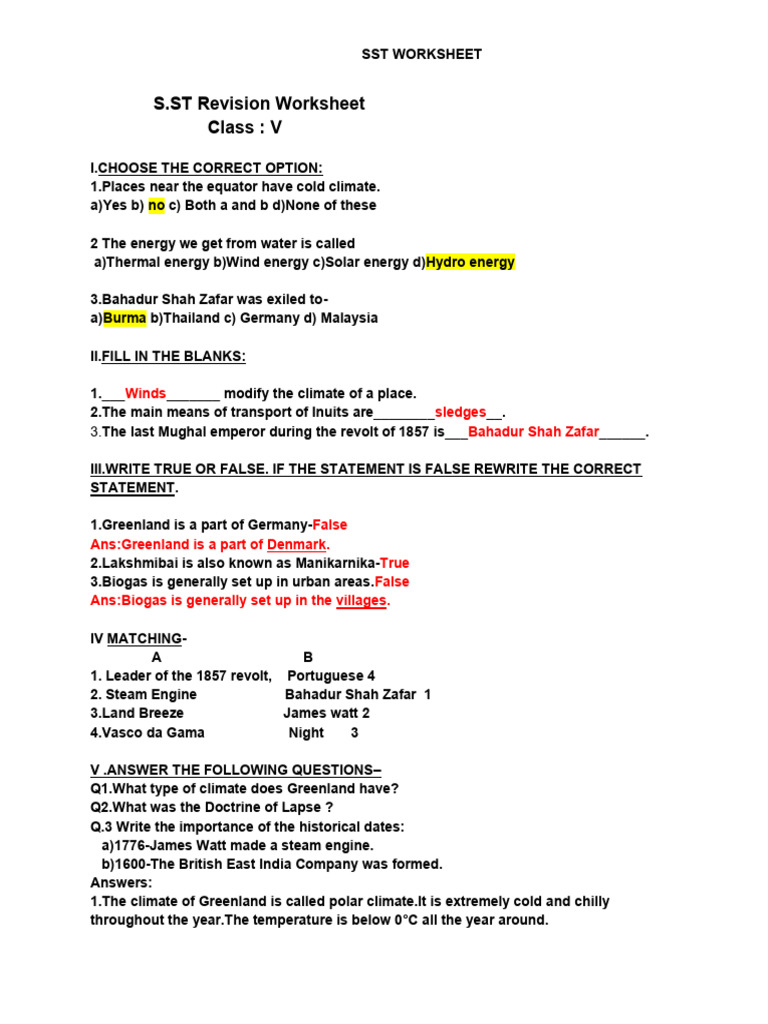 S.ST Revision Worksheet (2025-26) Ans - Key | PDF