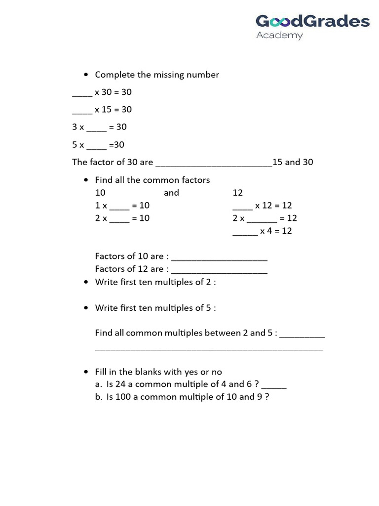 Math Factors and Multiples Worksheet | PDF