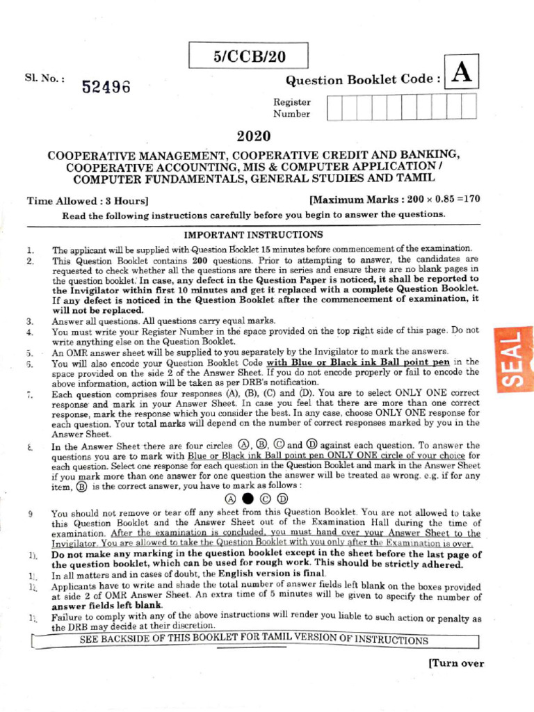 TN DRB Cooperative Bank Previous Year Question Paper 1 | PDF | Banks ...