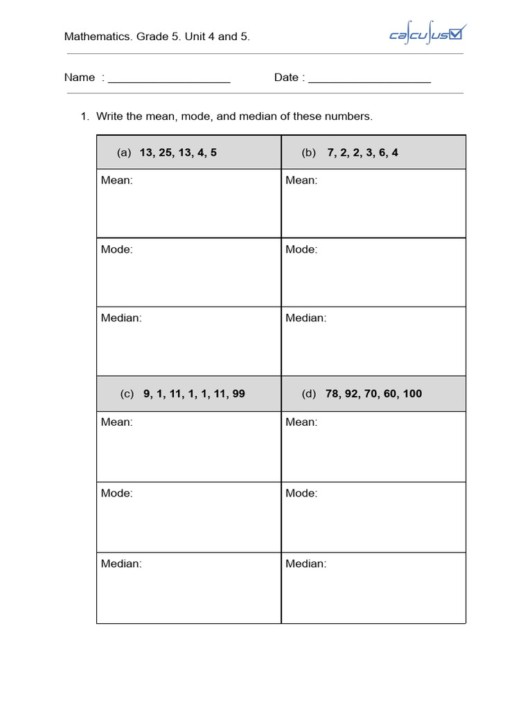 Grade 5 Math: Mean, Mode, Median Exercises | PDF | Median | Mean