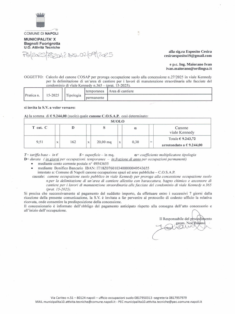 2025 - 015 - Esposito Cesira - Calcolo Canone Cosap Proroga n.1 | PDF