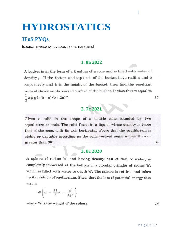 1-5c Hydrostatics Ifos Chapterwise Pyqs | PDF