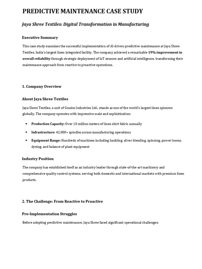 Predictive Maintenance at Jaya Shree Textiles | PDF | Reliability ...