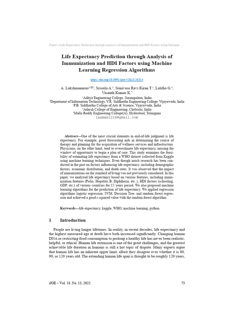 Life Expectancy Prediction Through Analysis of Immunization and HDI Factors Using Machine ...