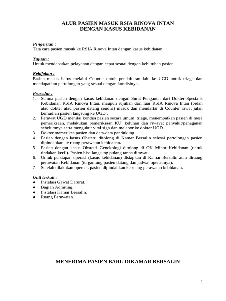 Alur Masuk Pasien Kebidanan RSIA Rinova | PDF