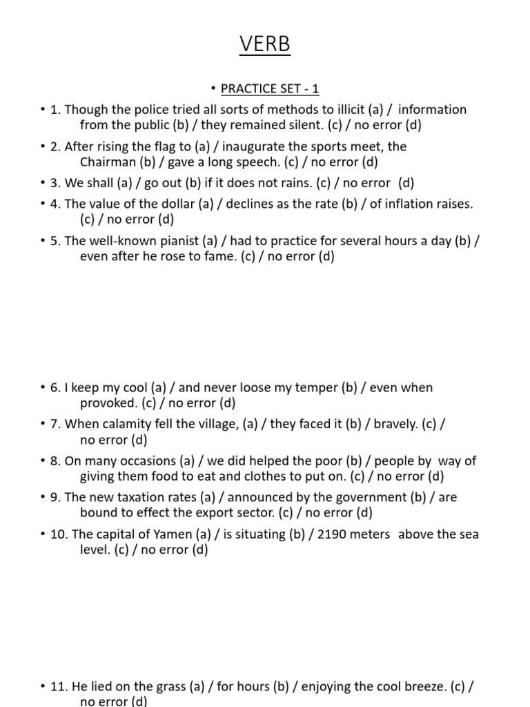 Verb Error Correction Practice Set | PDF