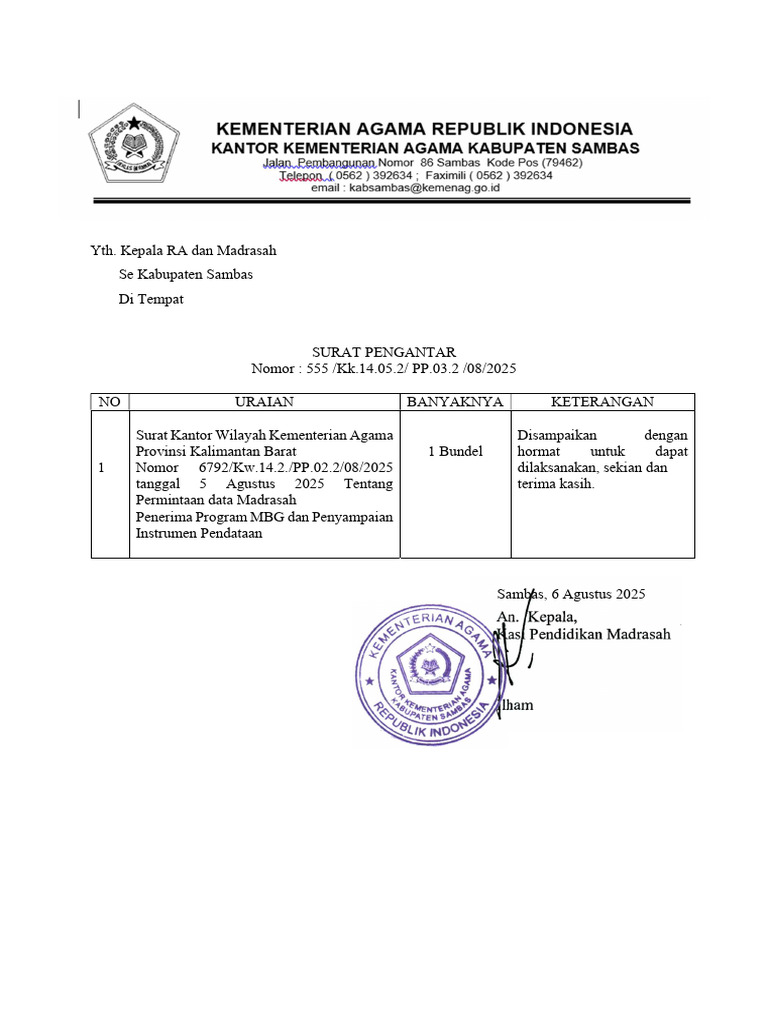 Permintaan Data Madrasah Program MBG.. | PDF