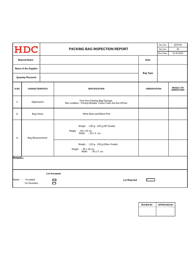 Packing Bag Inspection Report Summary | PDF
