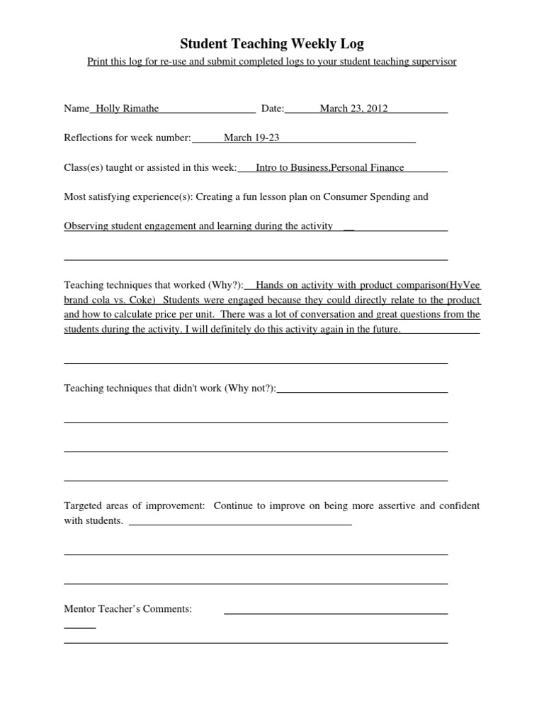 Weekly Student Teaching Log | PDF | Mentorship | Teachers