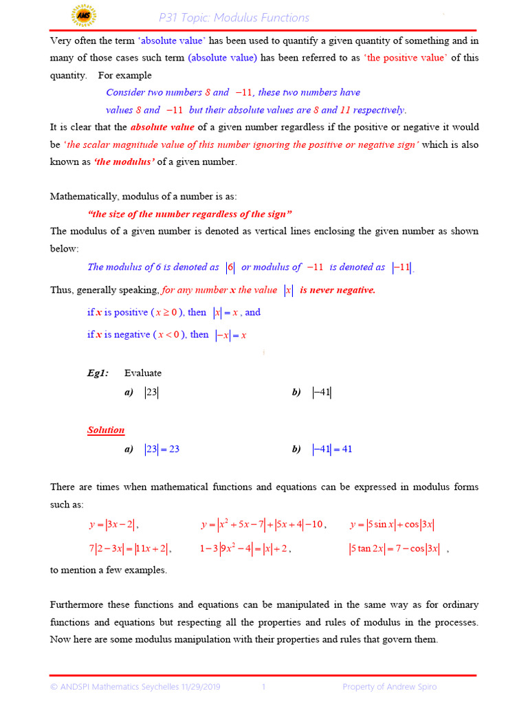 P31 Modulus Functions | PDF | Complex Number | Equations