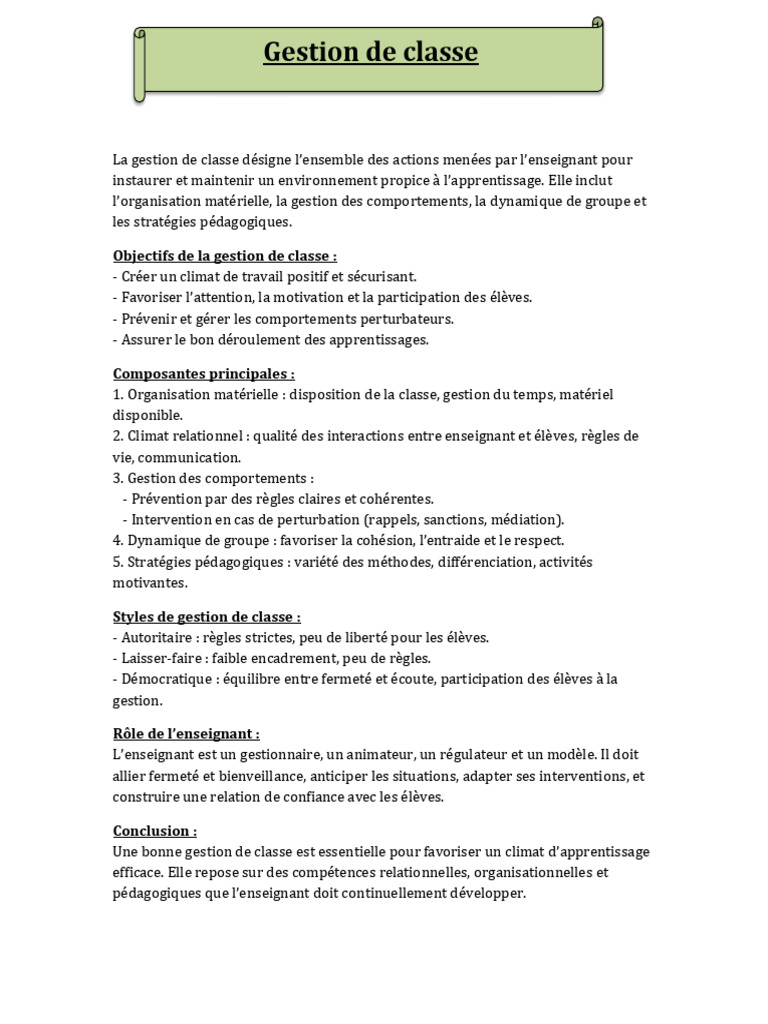 Composantes de la gestion de classe | PDF