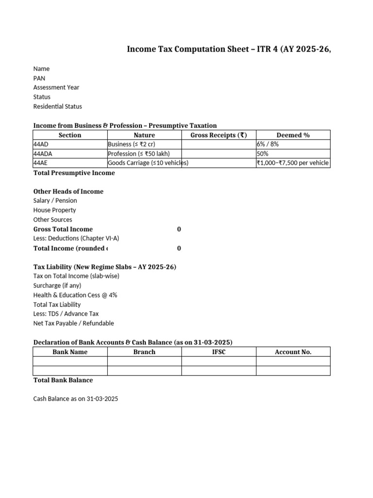 ITR 4 Income Tax Computation AY 2025-26 | PDF