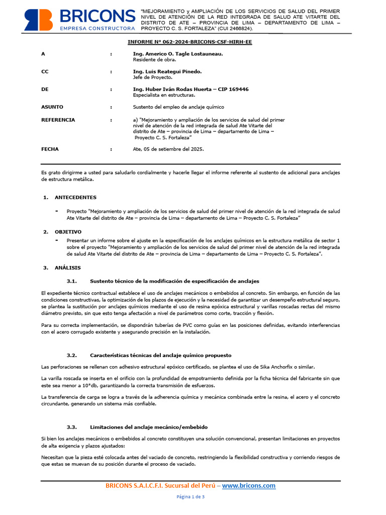 INFORME N°62 - Sustento de Tipo de Anclaje Rev02 | PDF | Hormigón ...