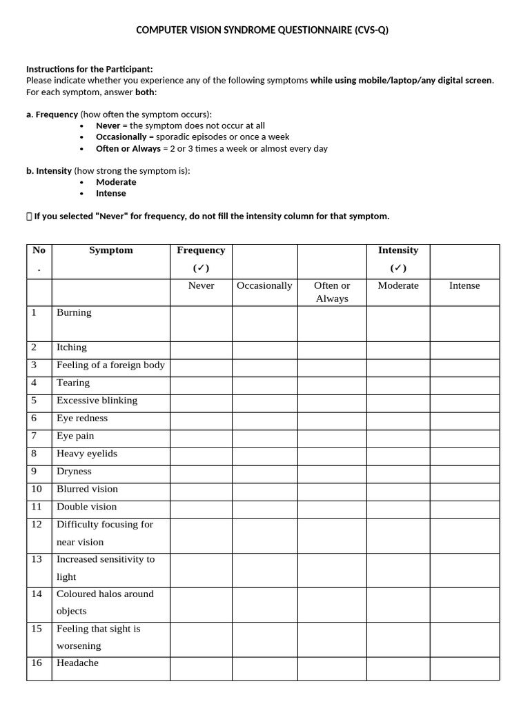 Computer Vision Syndrome Questionnaire | PDF