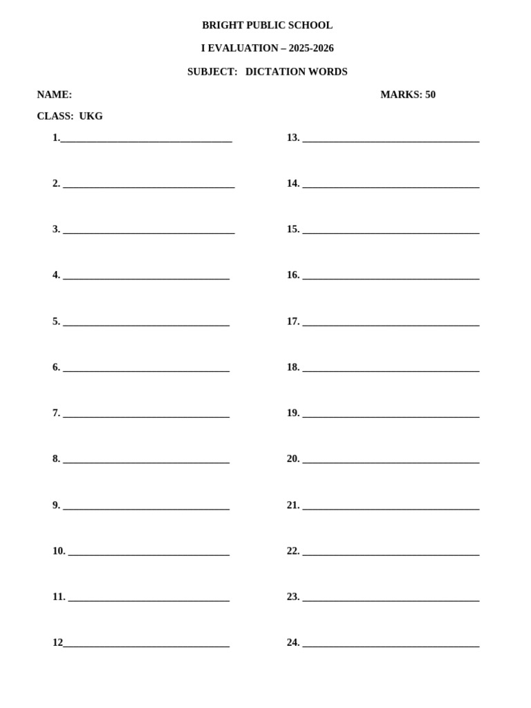 UKG Dictation Words Evaluation 2025-2026 | PDF