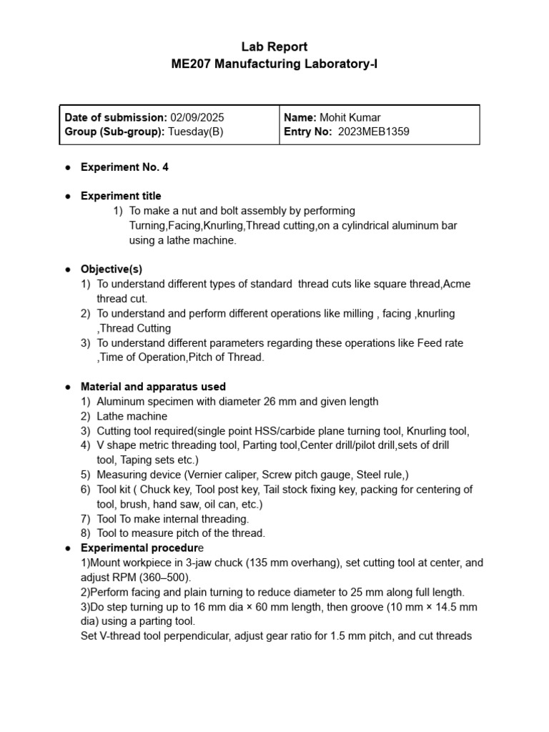 Nut and Bolt Assembly Lab Report | PDF | Screw | Drill