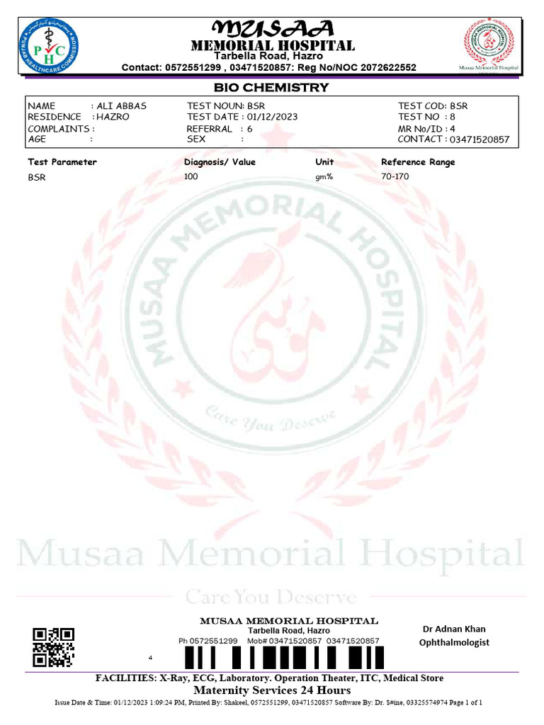 BSR Test Report - Musaa Hospital Hazro | PDF
