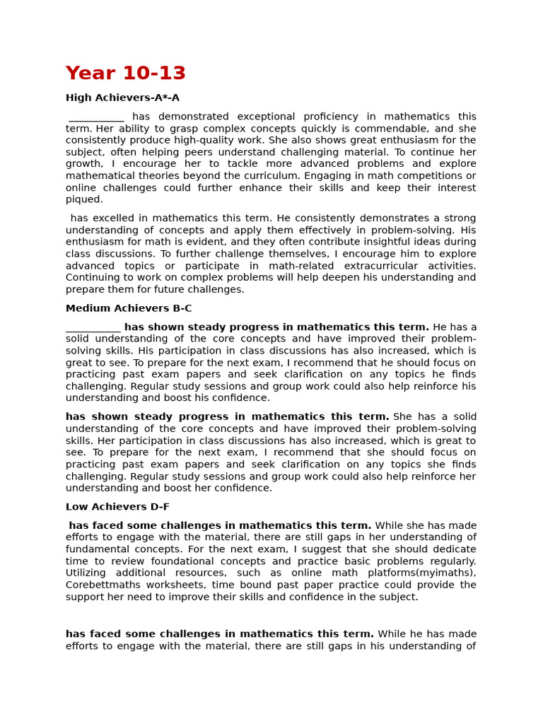 Mathematics Report Card Comments | PDF | Mathematics | Concept