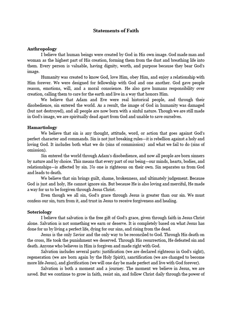Statements of Faith (Beth) | PDF | Christian Church | God In Christianity