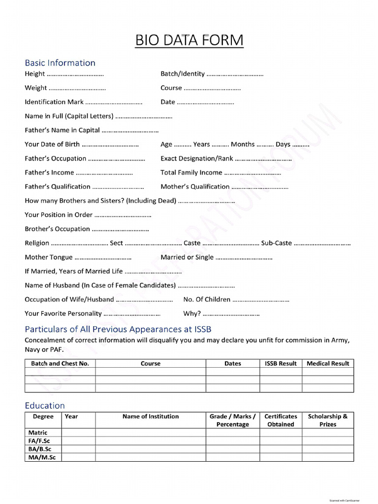 ISSB Bio Data Form | PDF