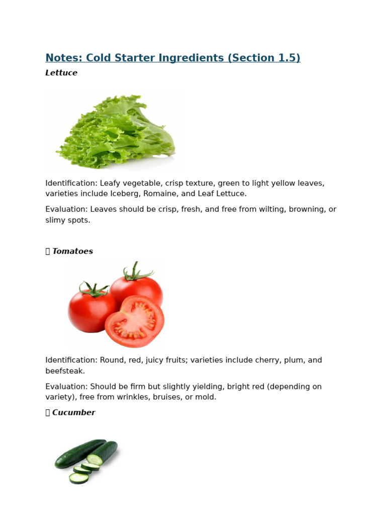 Cold Starter Ingredient Quality Guide | PDF | Spice | Mustard (Condiment)
