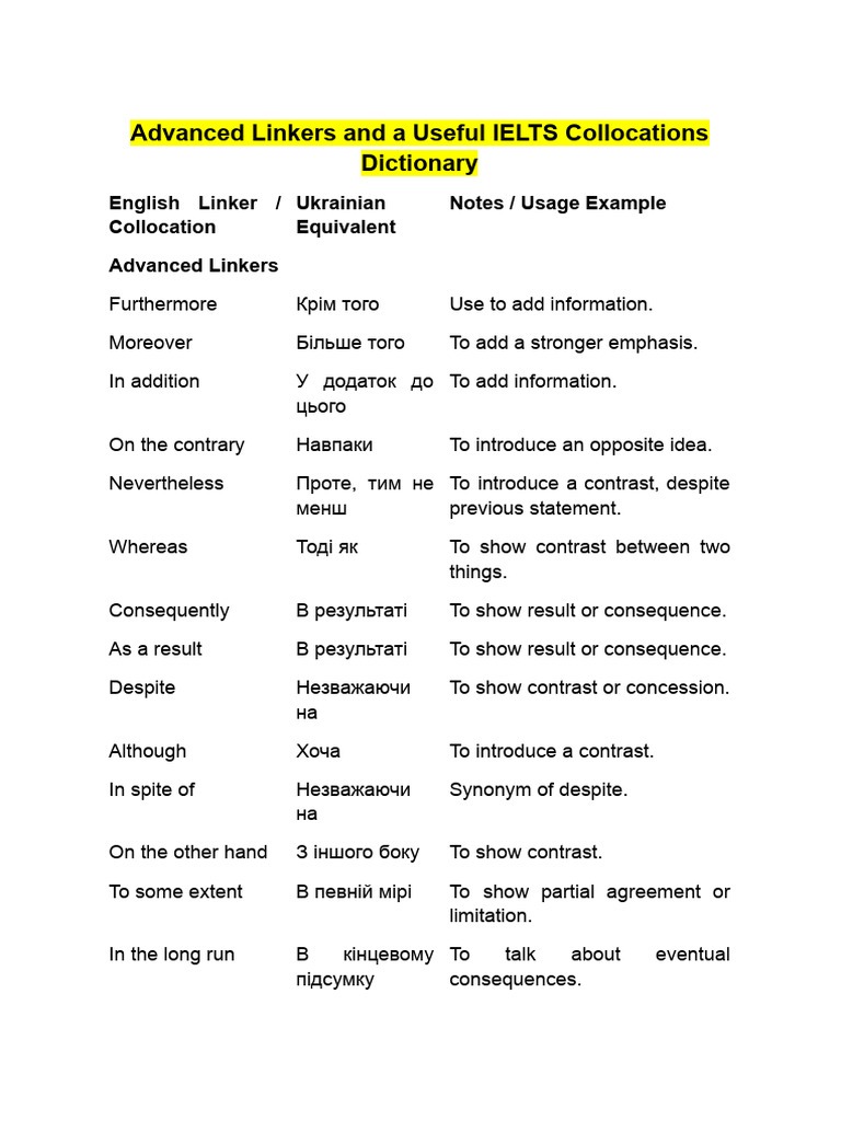 Advanced Linkers and A Useful IELTS Collocations Dictionary | PDF