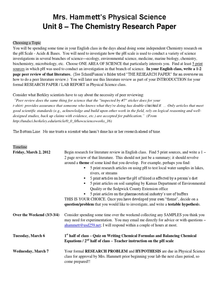 Mrs. Hammett's Physical Science Unit 8 - The Chemistry Research Paper ...