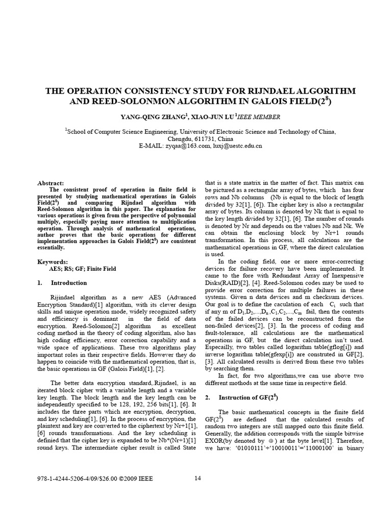 The Operation Consistency Study For Rijndael Algorithm and Reed ...