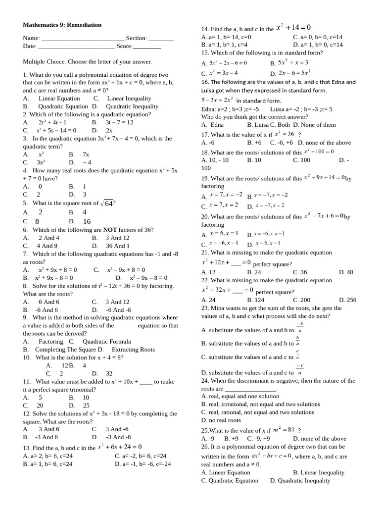 Mathematics 9 Remediation | PDF | Quadratic Equation | Factorization