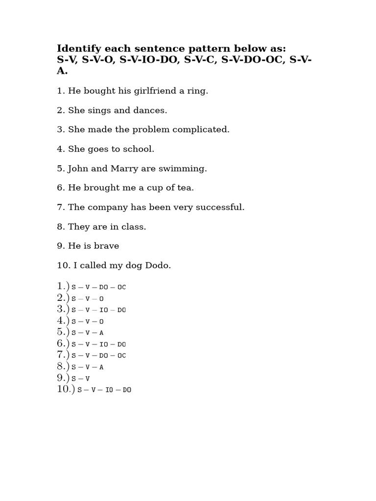 Identify Each Sentence Pattern Below As | PDF