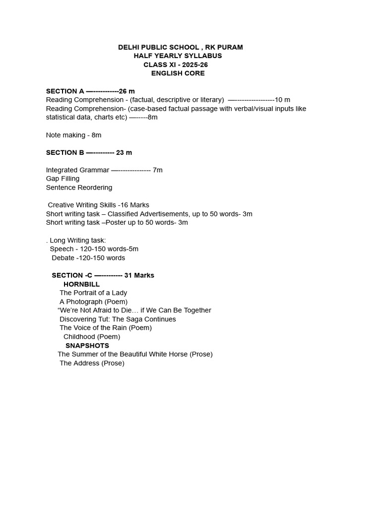Syllabus Half Yearly - Class Xi - 2025-26 | PDF