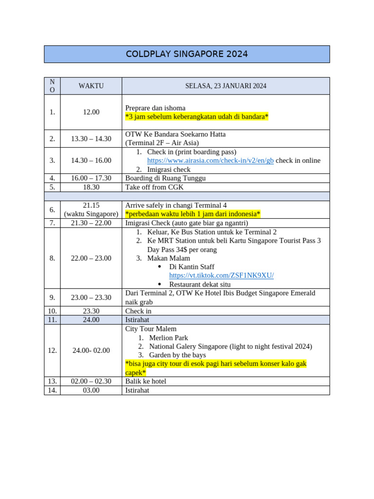 Coldplay Concert Trip Itinerary 2024 | PDF | Foods | Cuisine