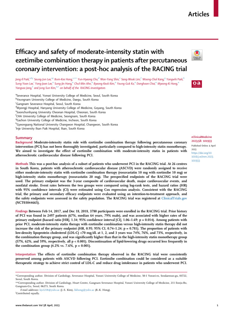 Efficacy of Moderate Statin and Ezetimibe Post-PCI | PDF | Low Density ...