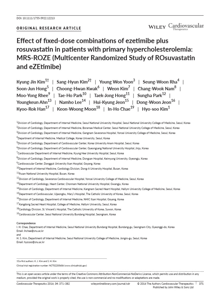 Effect of Fixed Dose Combinations of Ezetimibe Plus Rosuvastatin in ...