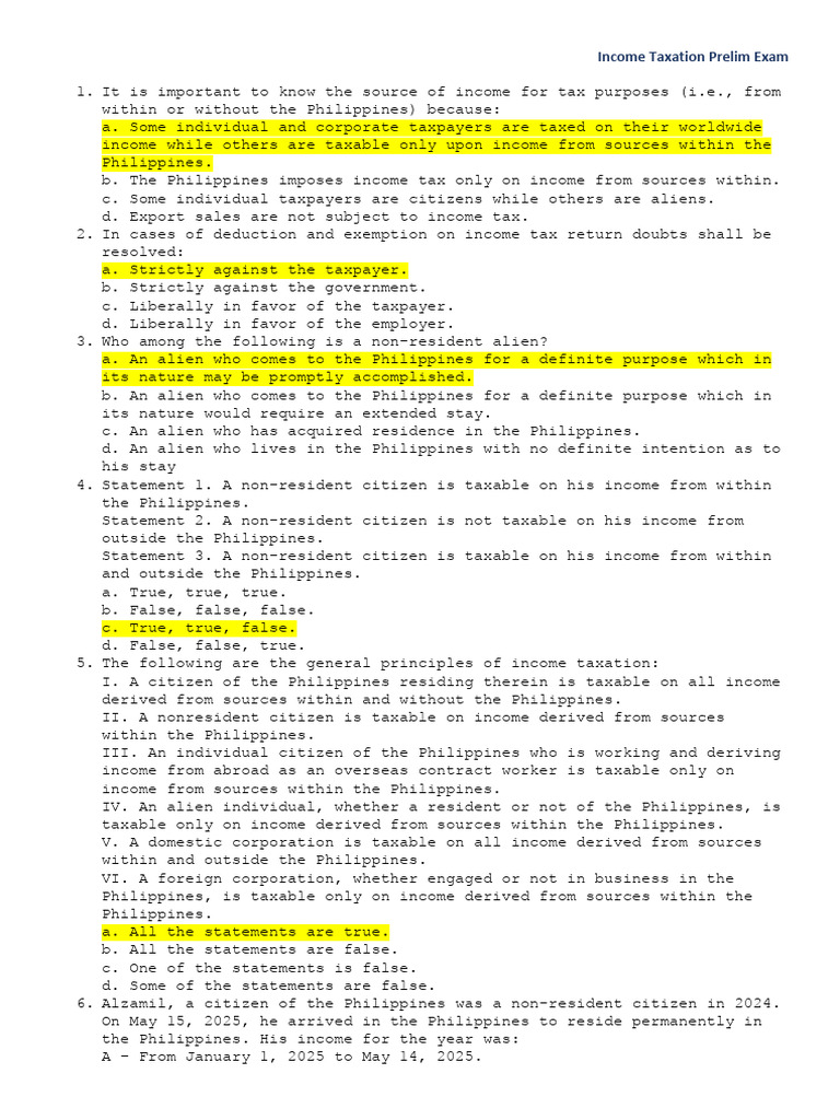 Income Taxation Prelim Exam Guide | PDF | Taxes | Tax Exemption