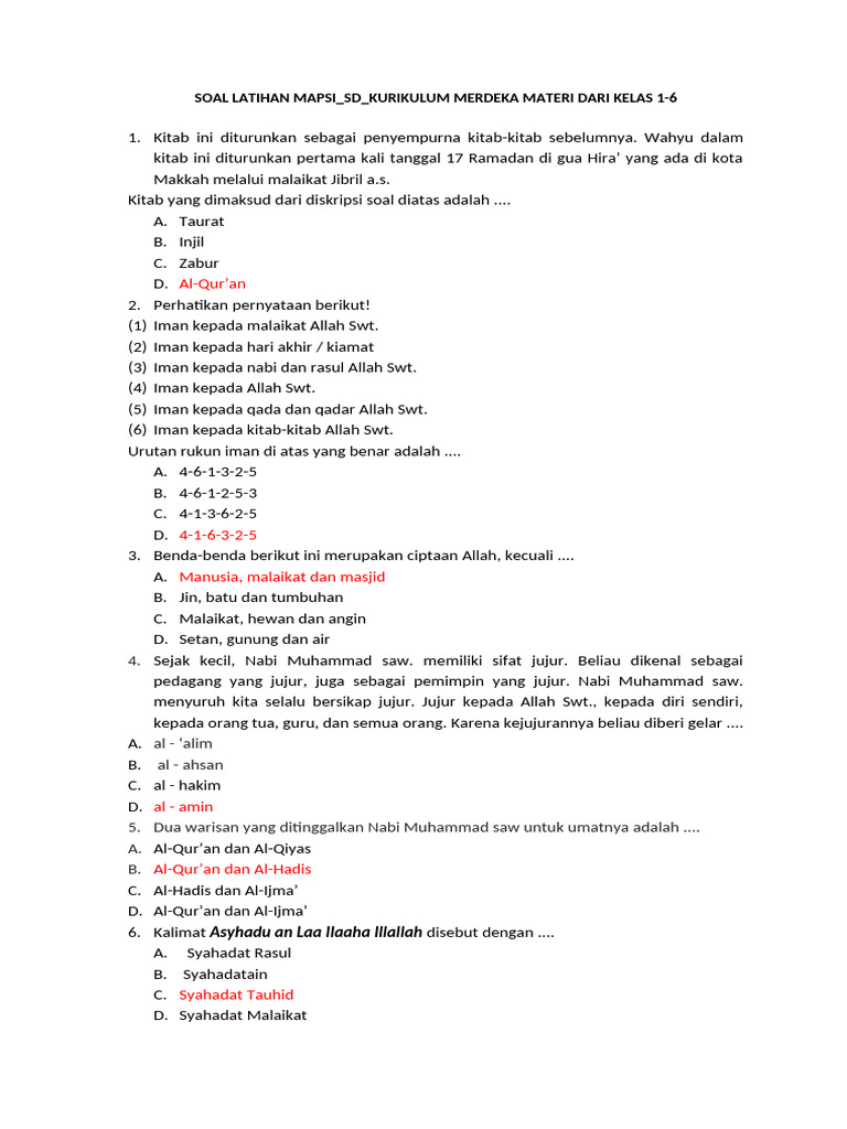Soal Latihan MAPSI SD Kurikulum Merdeka | PDF