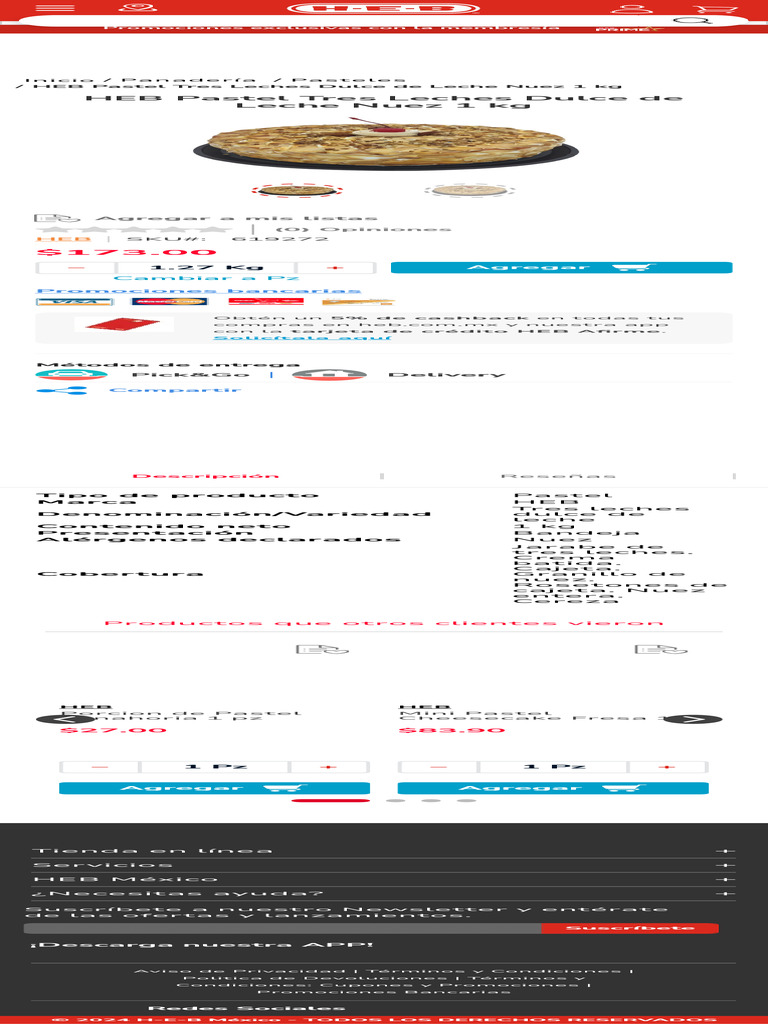 HEB Pastel Tres Leches Dulce de Leche Nuez 1 KG - H-E-B México | PDF ...
