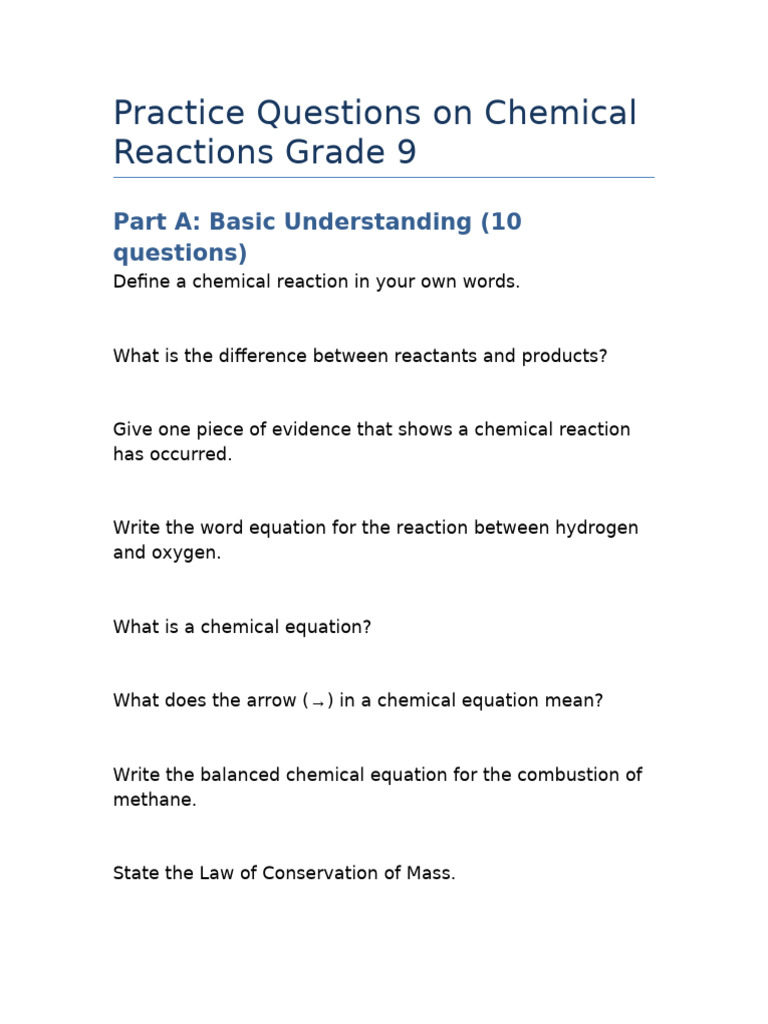 Chemical Reaction Exercises Questions G9 | PDF | Chemical Reactions | Combustion