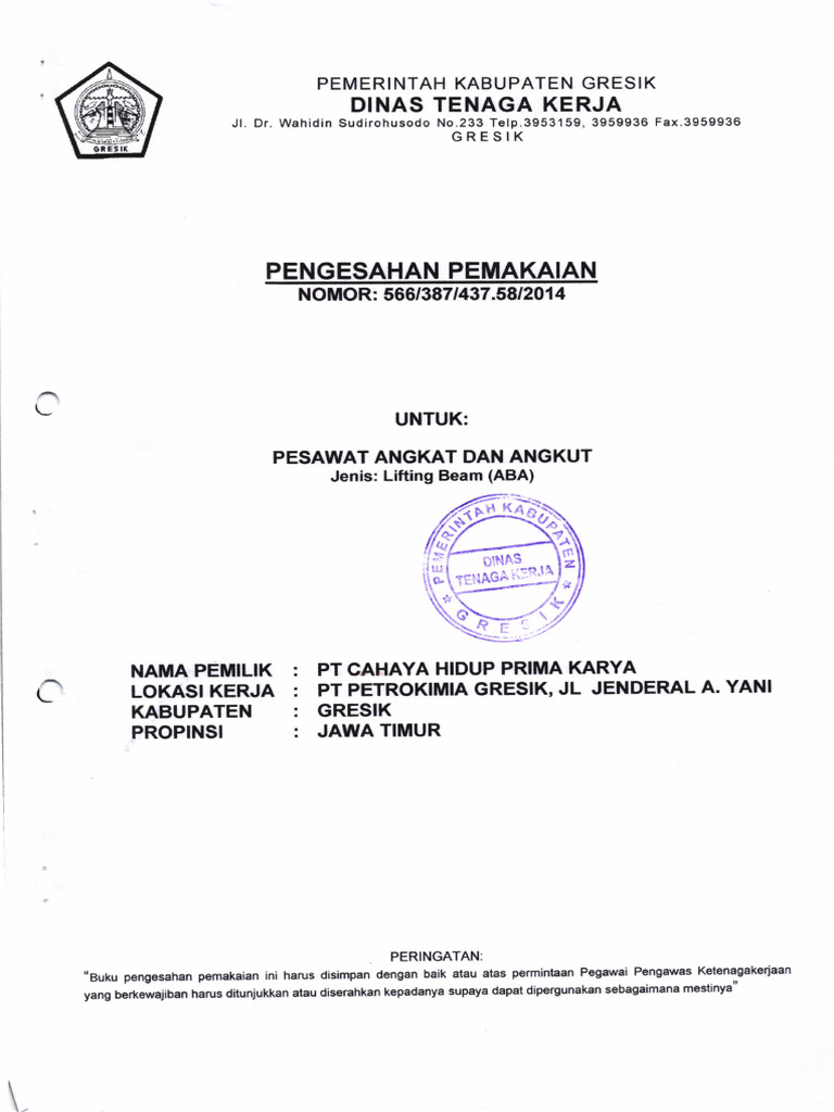 Sertifikat Pengesahan Lifting Beam | PDF